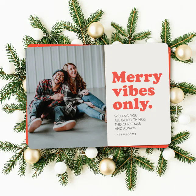 Merry vibes only retro holiday photo card | Zazzle