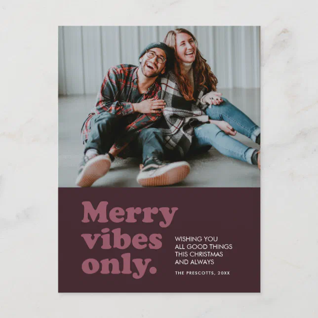 Merry vibes only retro plum holiday postcard | Zazzle