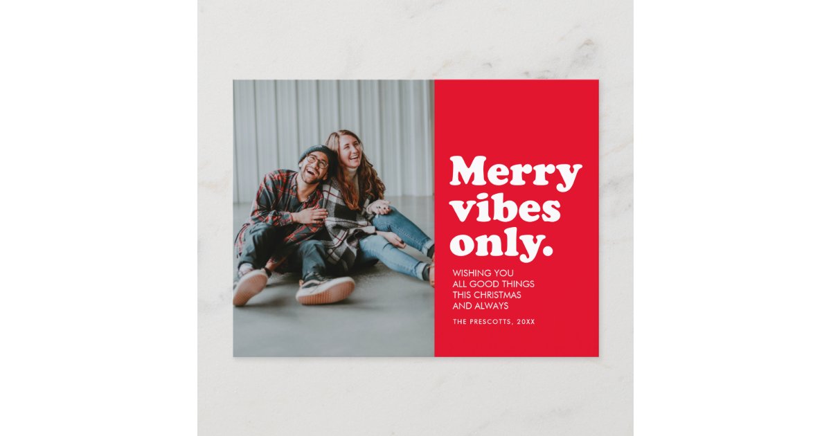Merry vibes only retro red photo holiday postcard | Zazzle