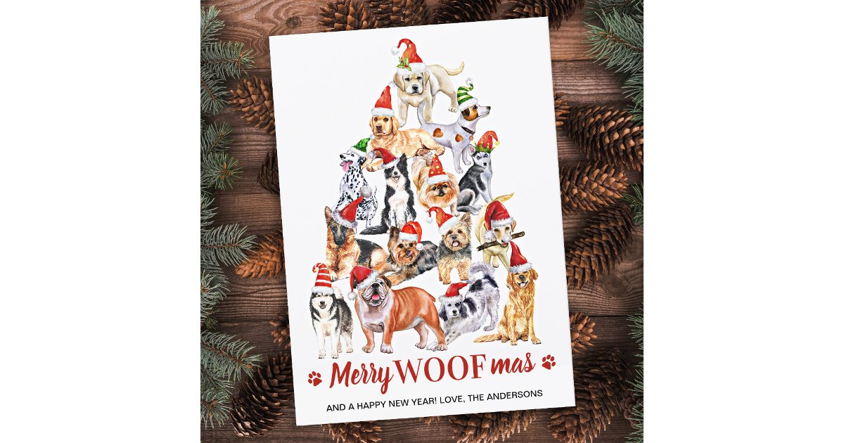 Merry Woofmas Dog Lover Christmas Tree Dogs Holiday Card | Zazzle
