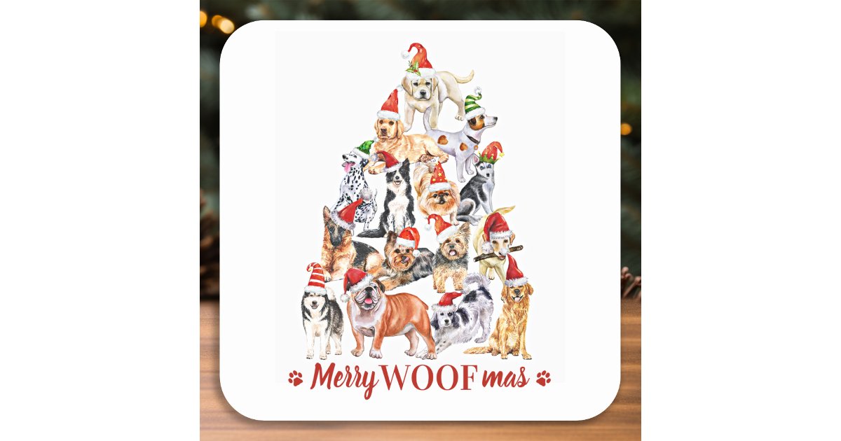 Merry Woofmas Dog Lover Christmas Tree Dogs Square Sticker | Zazzle