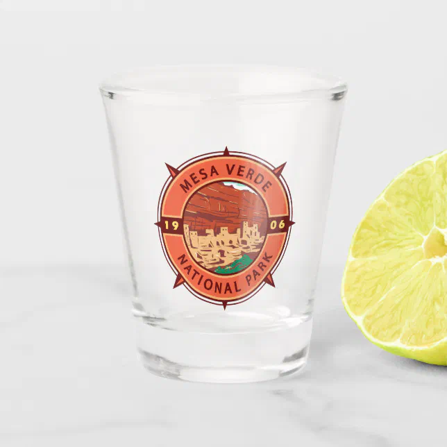 Mesa Verde National Park Retro Compass Emblem Shot Glass | Zazzle