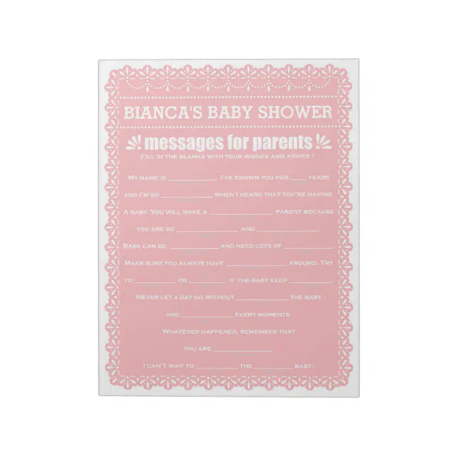 Message for Parents Pink Papel Picado Baby Shower Notepad | Zazzle