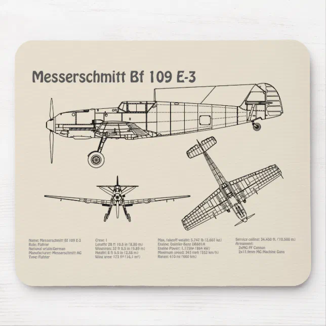 Messerschmitt Bf 109 - Airplane Blueprint SD Mouse Pad | Zazzle