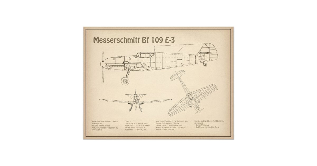 Messerschmitt Bf 109 - Airplane Blueprint SD Photo Print | Zazzle