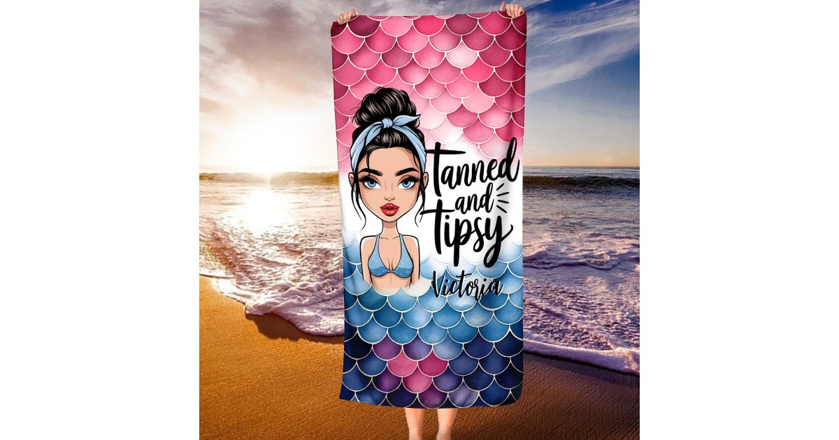 Messy Bun Fish Scales Tanned and Tipsy Custom Name Beach Towel | Zazzle