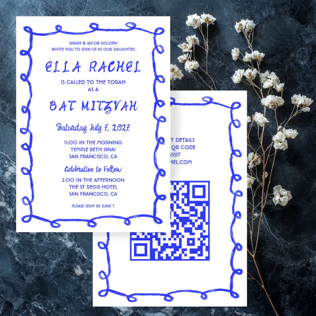 Messy Loops Hand Drawn Custom QR Bar Bat Mitzvah Invitation | Zazzle
