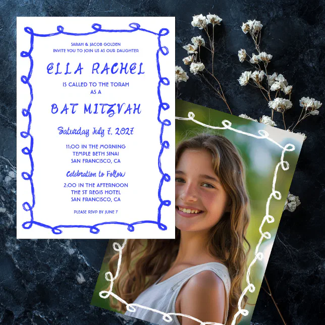 Messy Loops HandDrawn Custom Photo Bar Bat Mitzvah Invitation | Zazzle