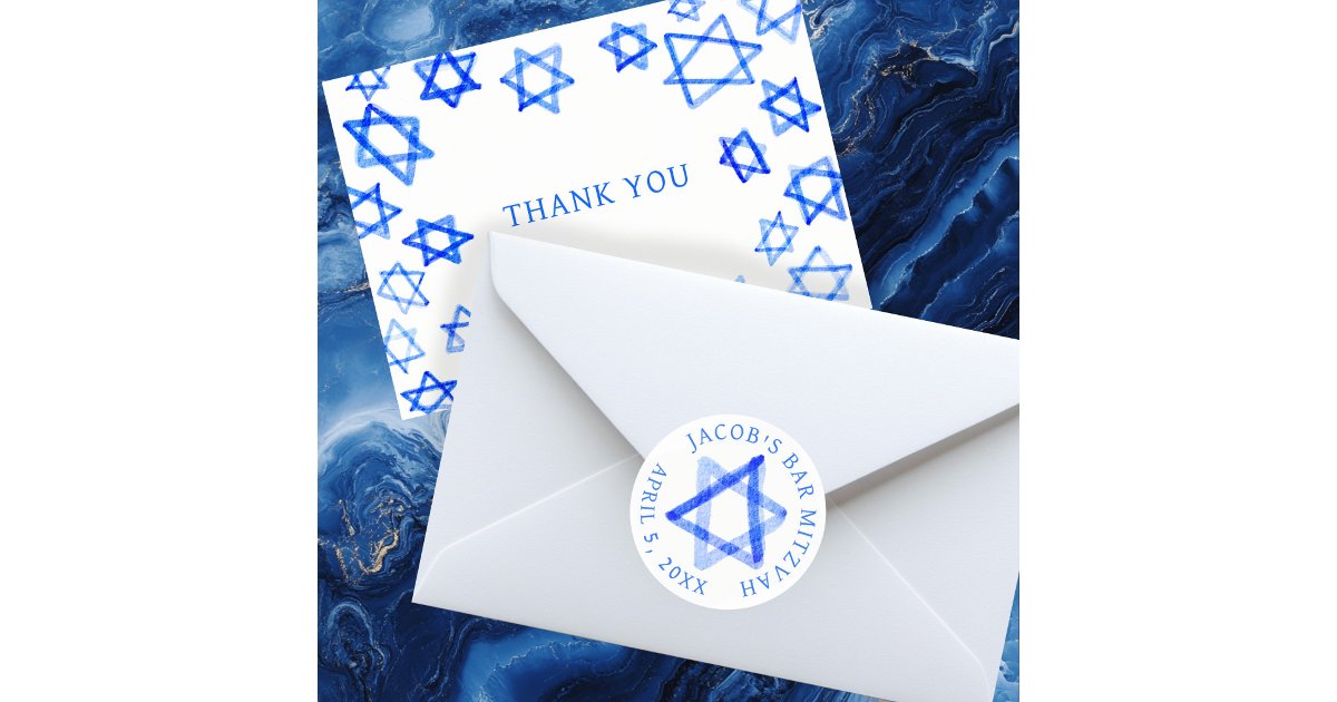 Messy Watercolor Star CUSTOM BAR BAT MITZVAH Classic Round Sticker | Zazzle