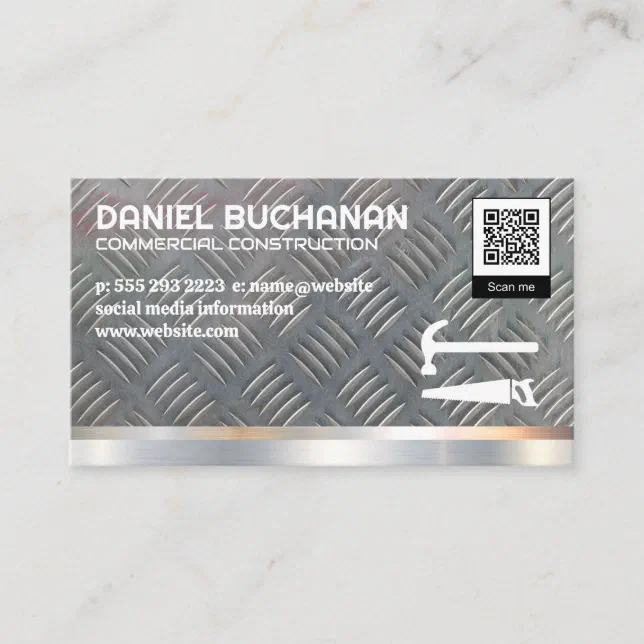 Metal Background | Hammer Saw | QR Code Business Card | Zazzle