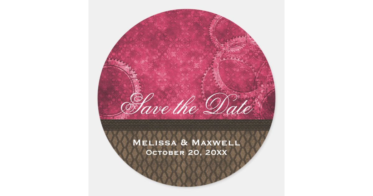 Metal Gears Save the Date Stickers, Pink Classic Round Sticker | Zazzle