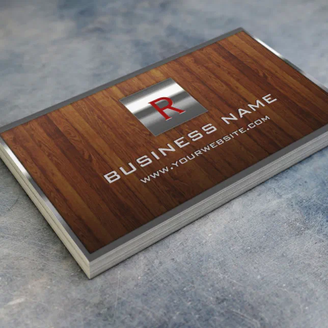 Metal Monogram Steel Border Wood Professional Business Card | Zazzle