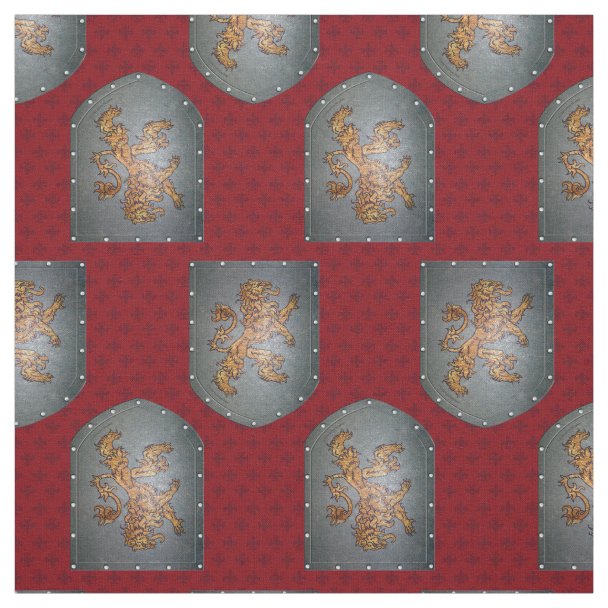 Medieval Gold Lion Red Fleur de Lis Fabric | Zazzle