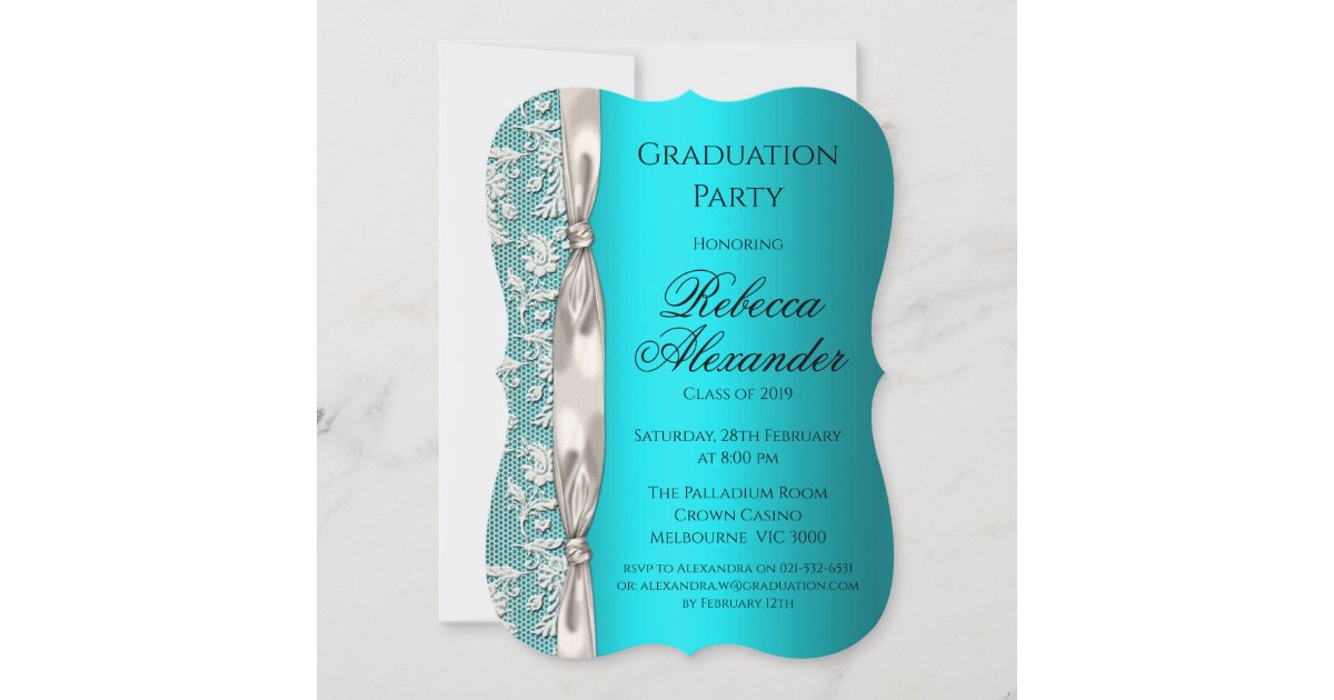 Metallic Aqua and White Ribbon Graduation Invitation | Zazzle