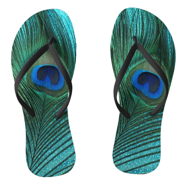 Metallic Aqua Blue Peacock Feather Flip Flops | Zazzle