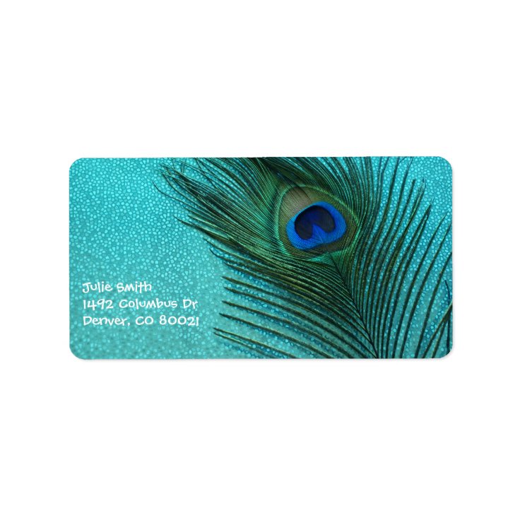 Metallic Aqua Blue Peacock Feather Label | Zazzle