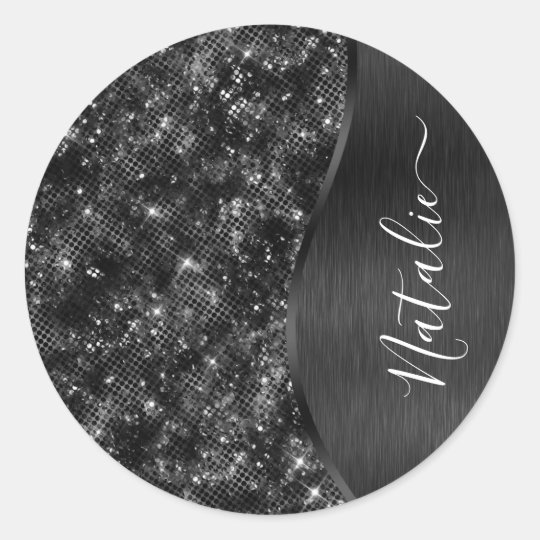 Metallic Black Glitter Personalized Classic Round Sticker | Zazzle.com