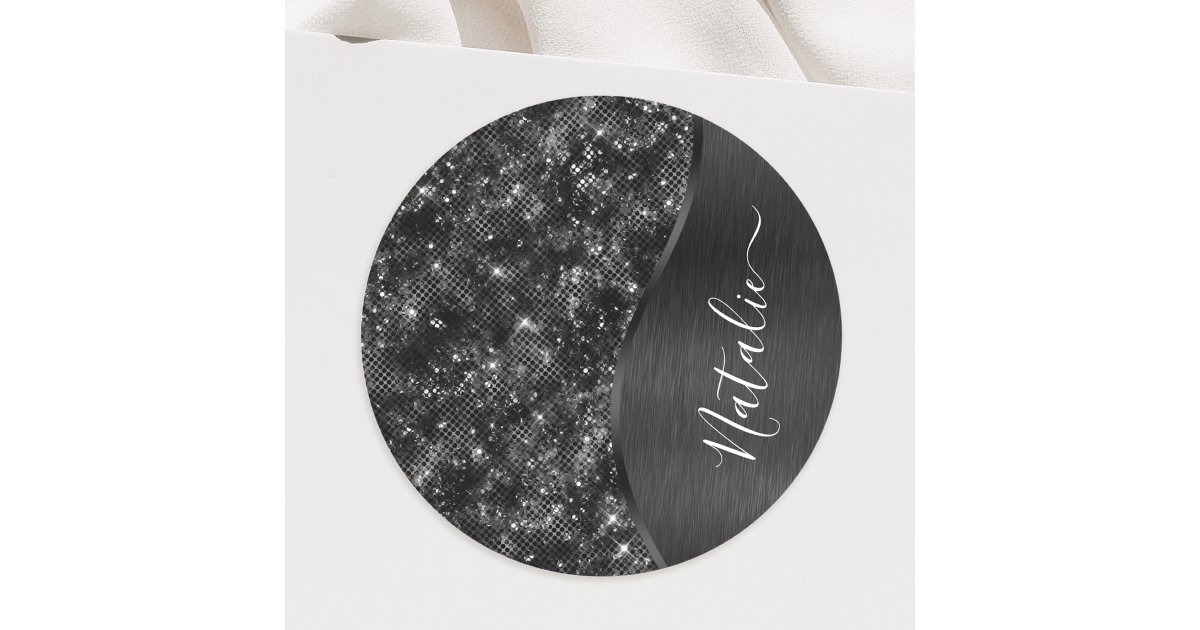 Metallic Black Glitter Personalized Classic Round Sticker | Zazzle