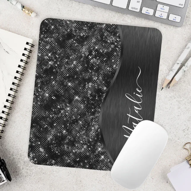 Metallic Black Glitter Personalized Mouse Pad | Zazzle