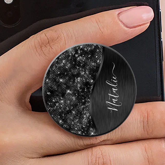 Metallic Black Glitter Personalized PopSocket | Zazzle