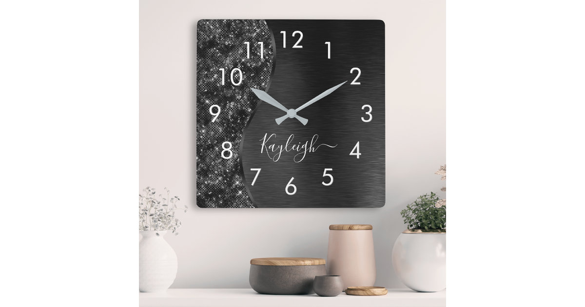 Metallic Black Glitter Personalized Square Wall Clock | Zazzle