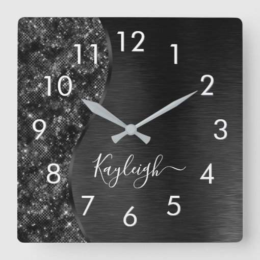 Metallic Black Glitter Personalized Square Wall Clock | Zazzle