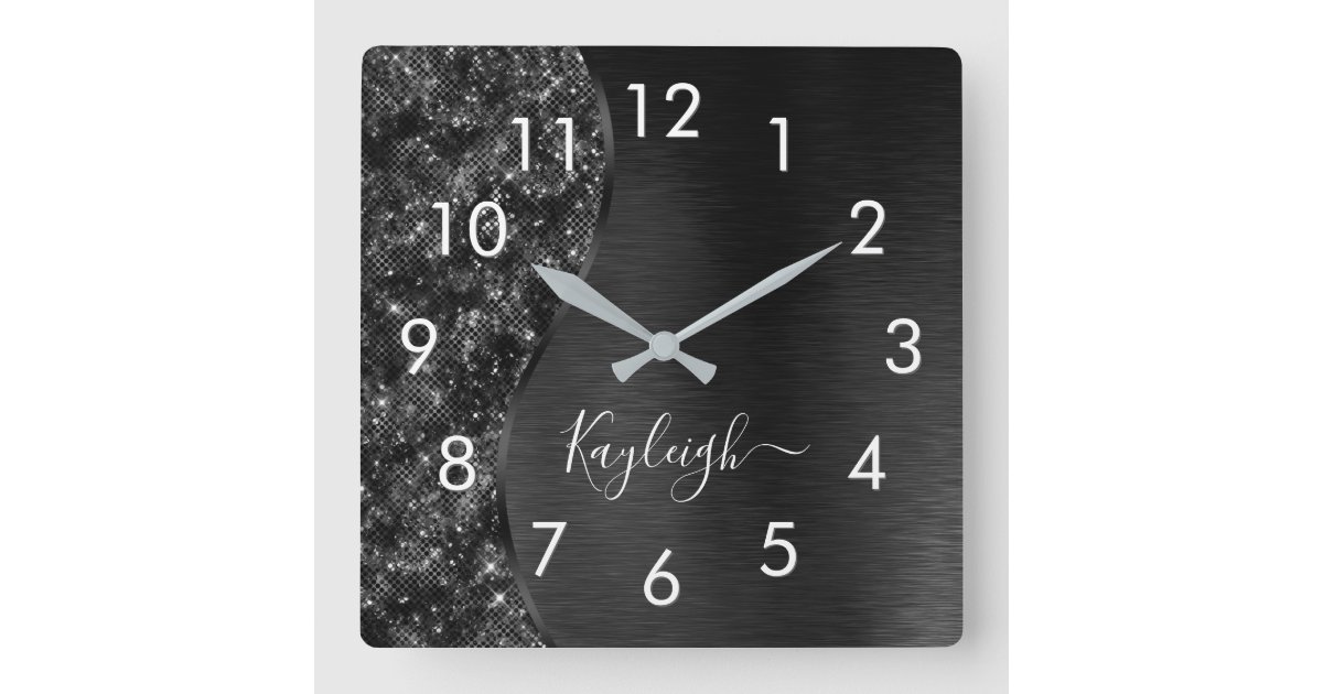 Metallic Black Glitter Personalized Square Wall Clock | Zazzle