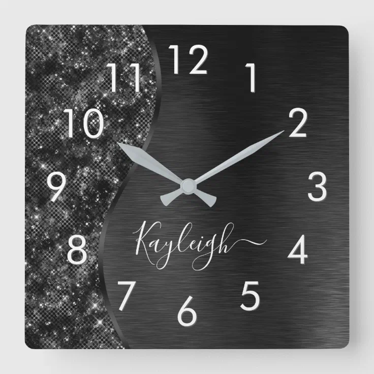 Metallic Black Glitter Personalized Square Wall Clock | Zazzle