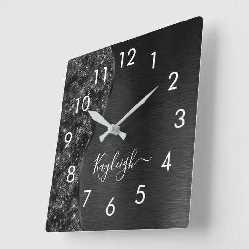 Metallic Black Glitter Personalized Square Wall Clock | Zazzle