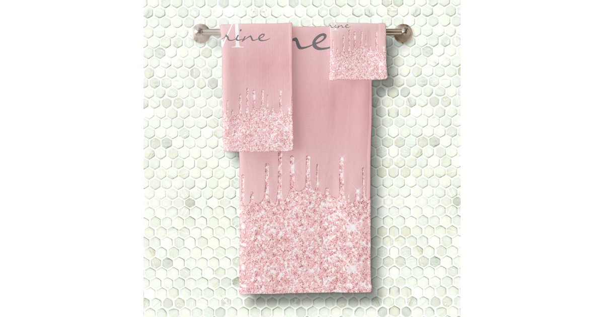 Metallic Blush Pink Dripping Glitter Monogrammed Bath Towel Set | Zazzle