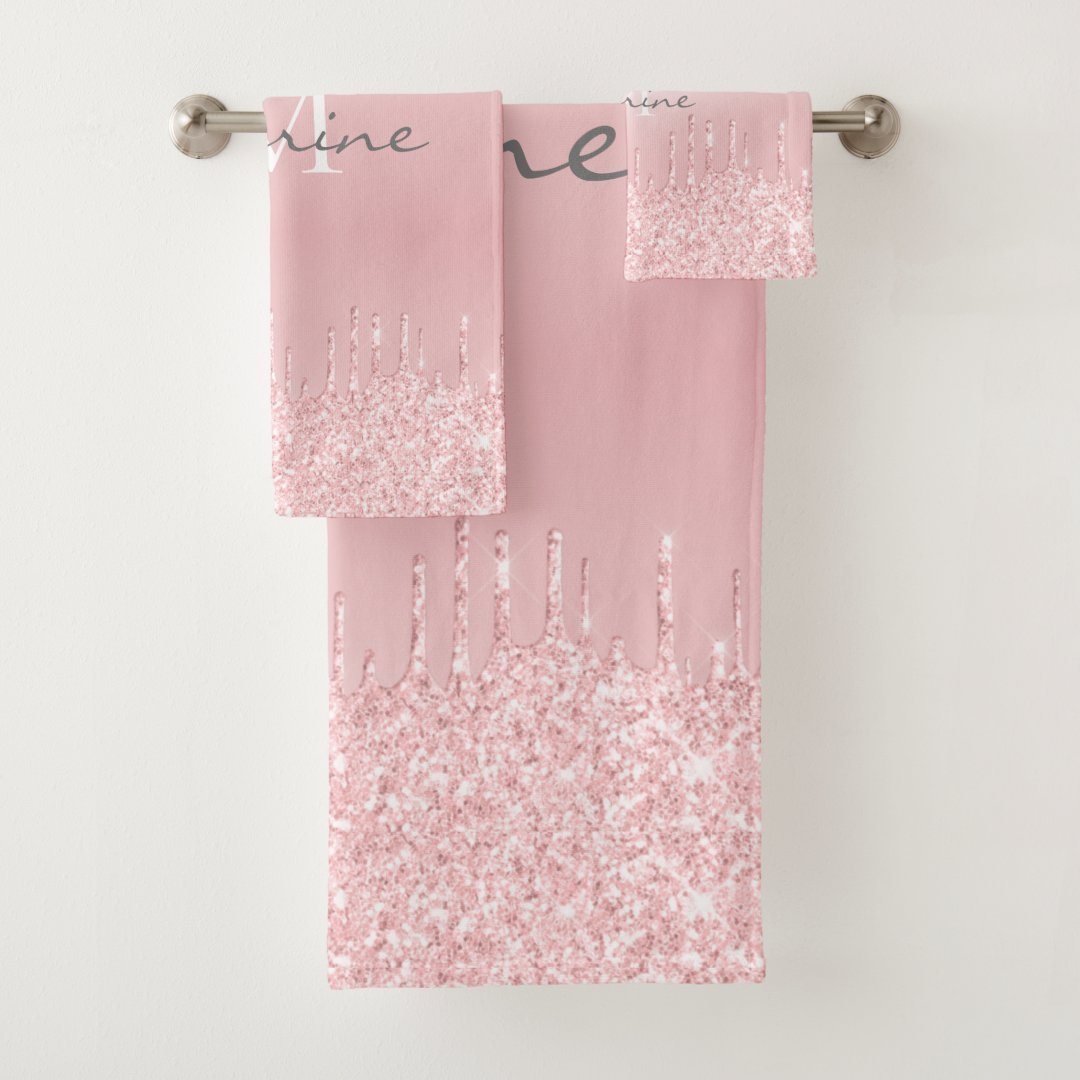 Metallic Blush Pink Dripping Glitter Monogrammed Bath Towel Set | Zazzle