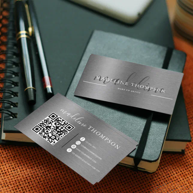 Metallic Brushed Steel Silver Script Qr Code Business Card | Zazzle