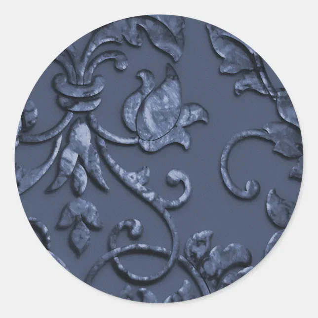 Metallic Embossed Look Damask in Slate Blue Classic Round Sticker | Zazzle