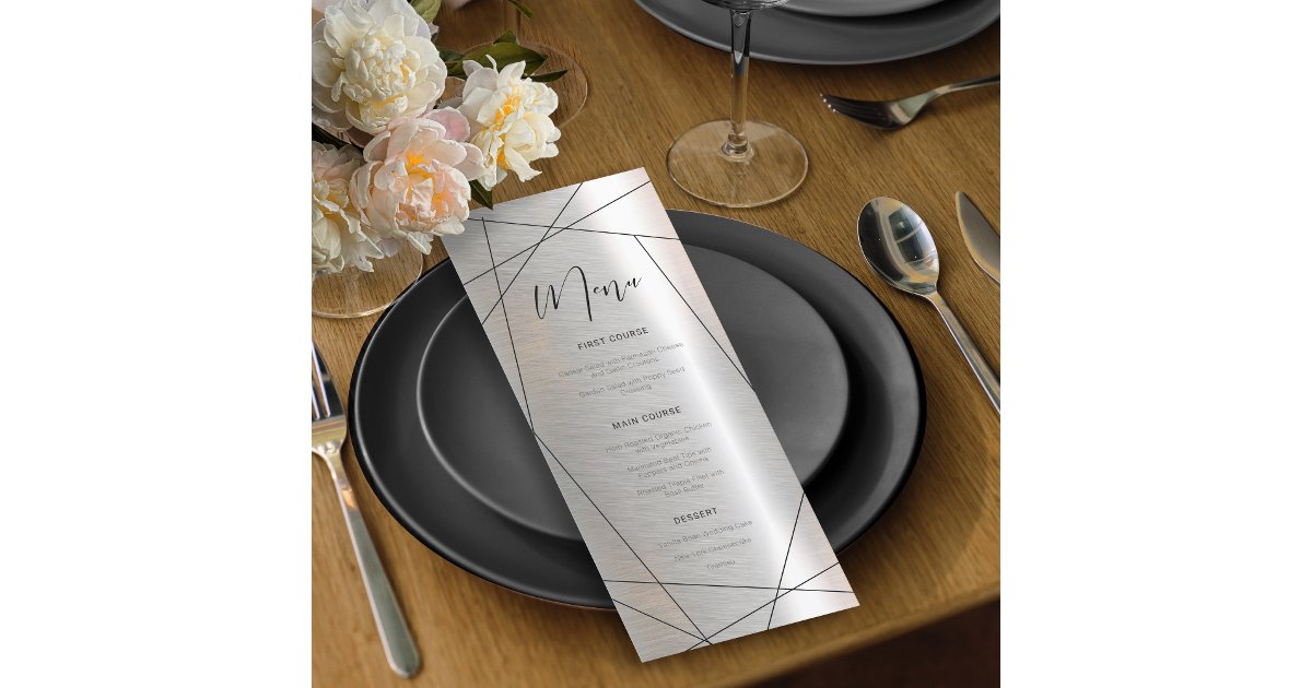 Metallic Geometric Wedding Menu Silver/Black ID648 | Zazzle