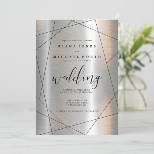 Metallic Geometric Wedding Silver/Black ID648 Invitation | Zazzle