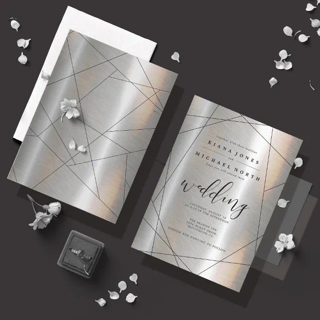 Metallic Geometric Wedding Silver/Black ID648 Invitation | Zazzle
