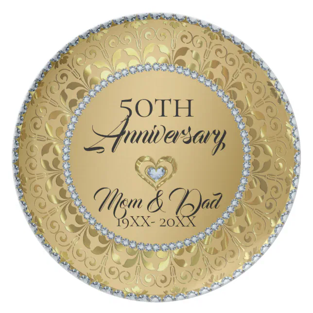 Metallic Gold Damask And Diamonds 50th Anniversary Melamine Plate | Zazzle