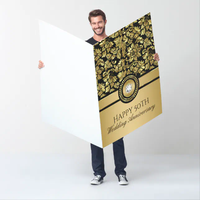 Metallic Gold Damask & Diamonds- 50th Anniversary Card | Zazzle