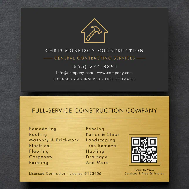 Metallic Gold General Contractor QR Code Business Card | Zazzle