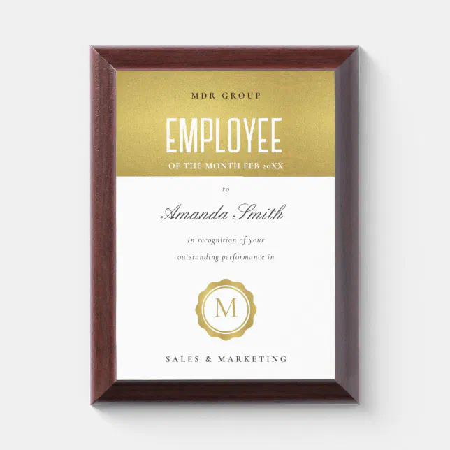 Metallic Gold Minimal Logo Employee Recognition Award Plaque | Zazzle