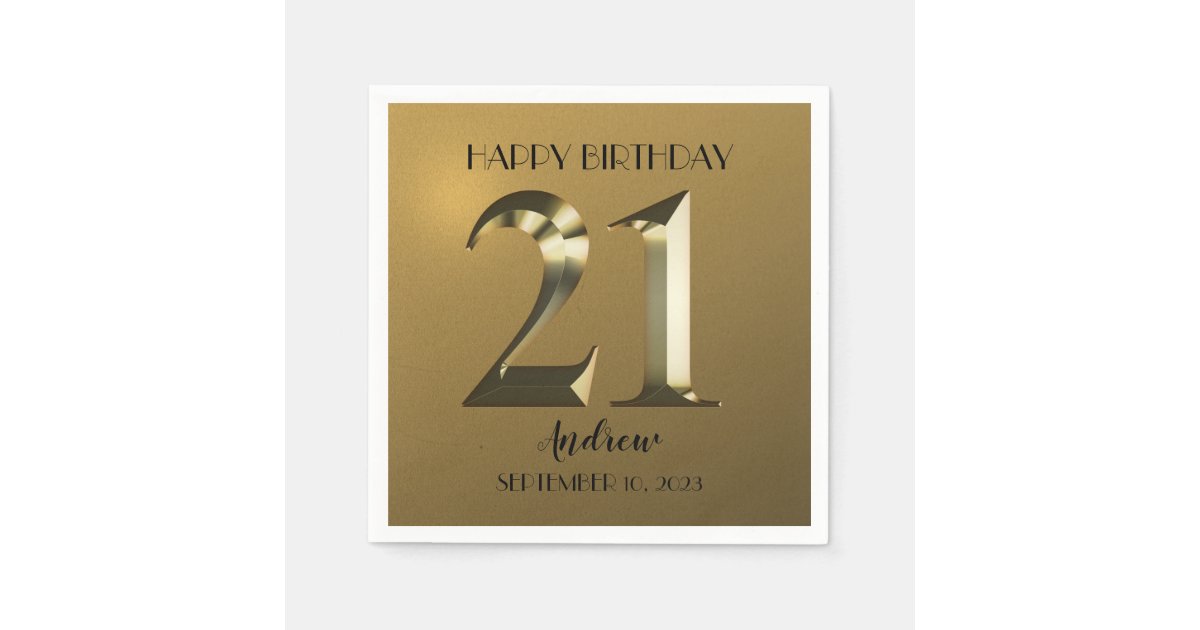 Metallic golden 21st birthday napkins | Zazzle