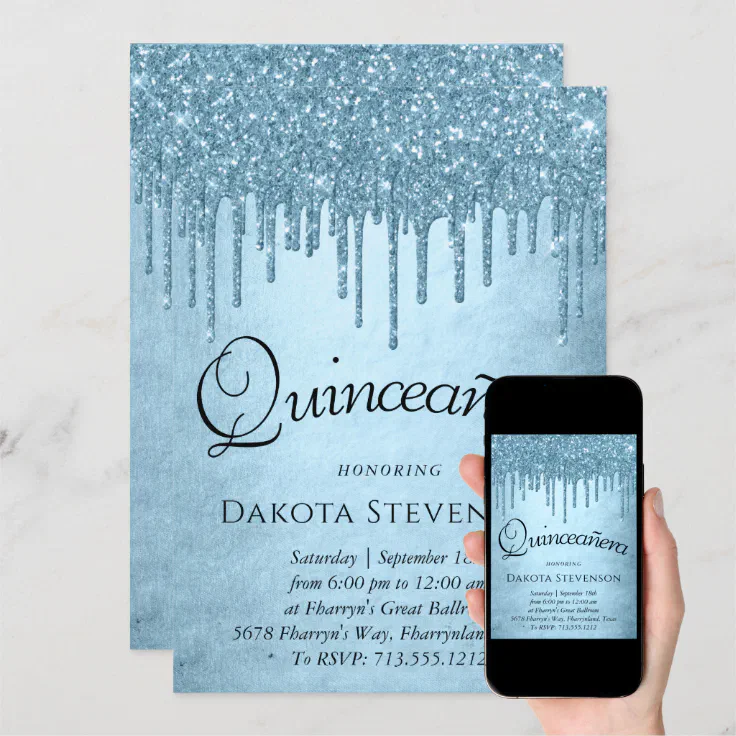 Metallic Ice Blue Drip | Glitzy Glam Quinceanera Invitation | Zazzle