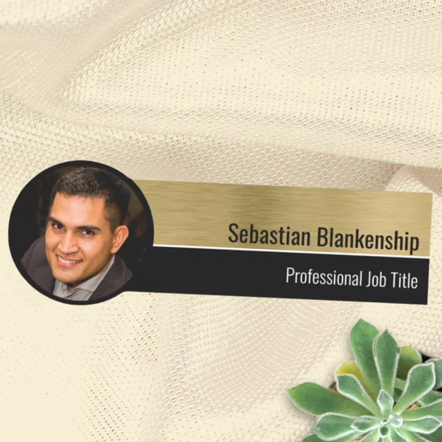 Metallic Look Professional Gold Custom Photo Name Tag | Zazzle