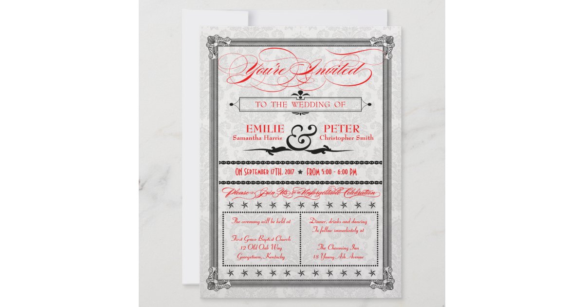 Metallic Red, Black & Silver Damask Wedding Invite | Zazzle