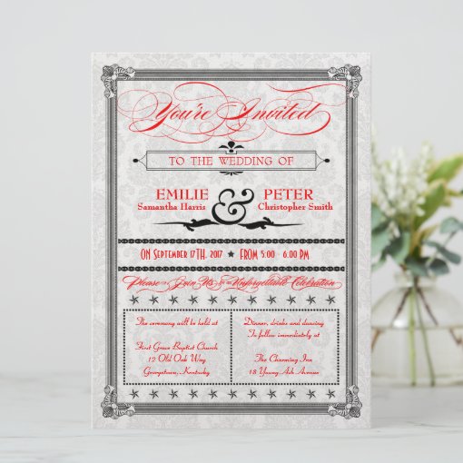 Metallic Red, Black & Silver Damask Wedding Invite | Zazzle