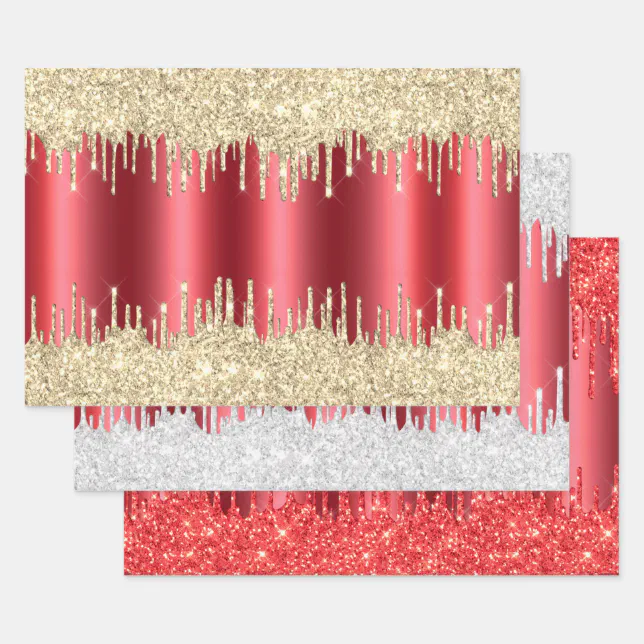 Metallic Red Christmas Dripping Glitter Combo Pack Wrapping Paper ...