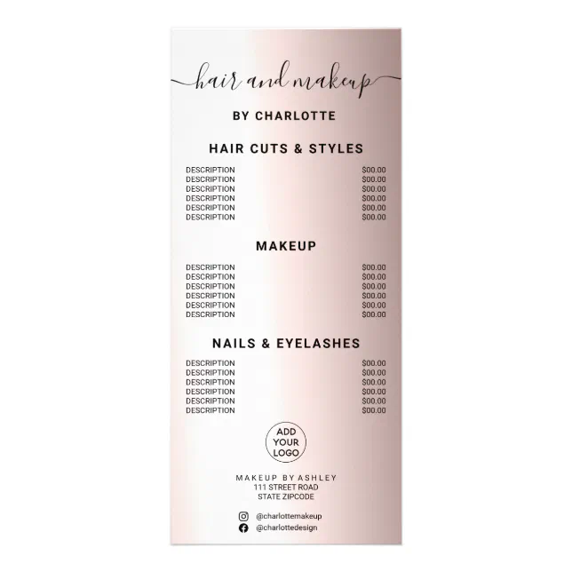 Metallic rose gold calligraphy hair makeup price rack card | Zazzle