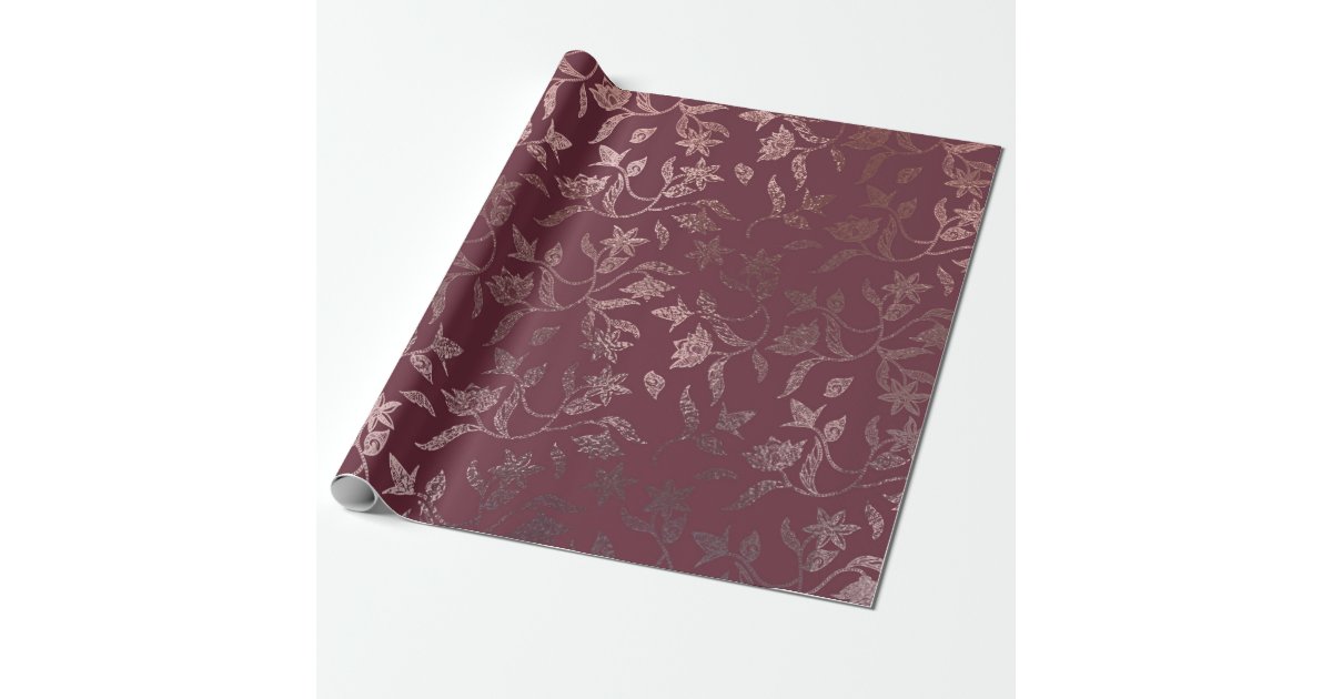 Metallic Rose Gold Floral Vine Pattern on Deep Bur Wrapping Paper | Zazzle