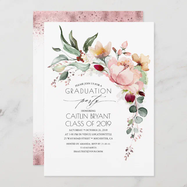 Metallic Rose Gold Glitter Floral Graduation Invitation | Zazzle