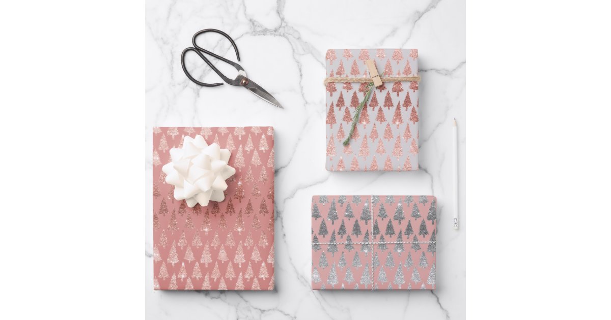 Metallic Rose Gold Platinum Silver Christmas Trees Wrapping Paper ...